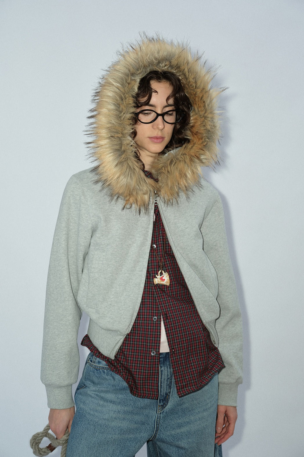 Cotton blend cropped fit faux fur collar hoodie Polyphonie